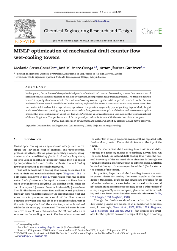 (PDF) MINLP optimization of mechanical draft counter flow wet-cooling ...