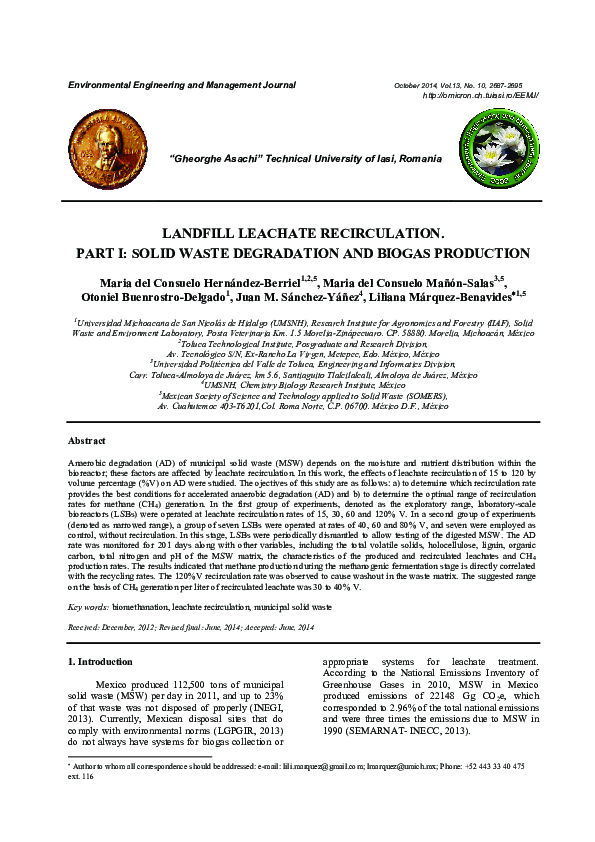 (PDF) Landfill Leachate Recirculation. Part I: Solid Waste Degradation ...