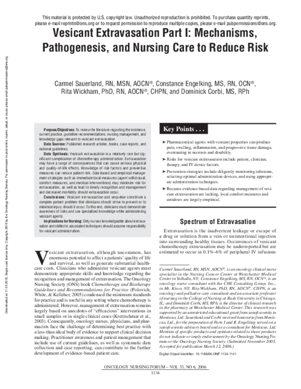 (PDF) Vesicant extravasation part I: Mechanisms, pathogenesis, and ...