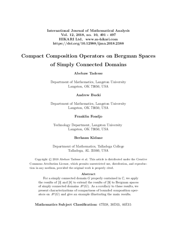 Pdf Compact Composition Operators On Bergman Spaces Of Simply Connected Domains