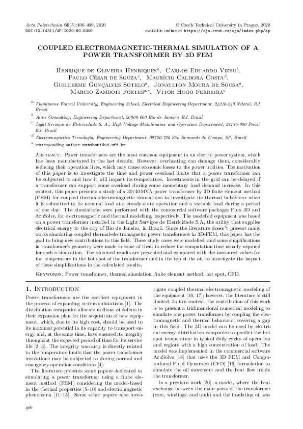 (PDF) Coupled Electromagnetic-Thermal Simulation of a Power Transformer by 3D Fem