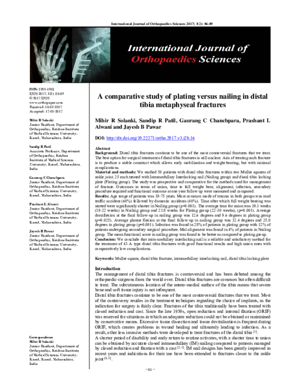 (PDF) A comparative study of plating versus nailing in distal tibia metaphyseal fractures