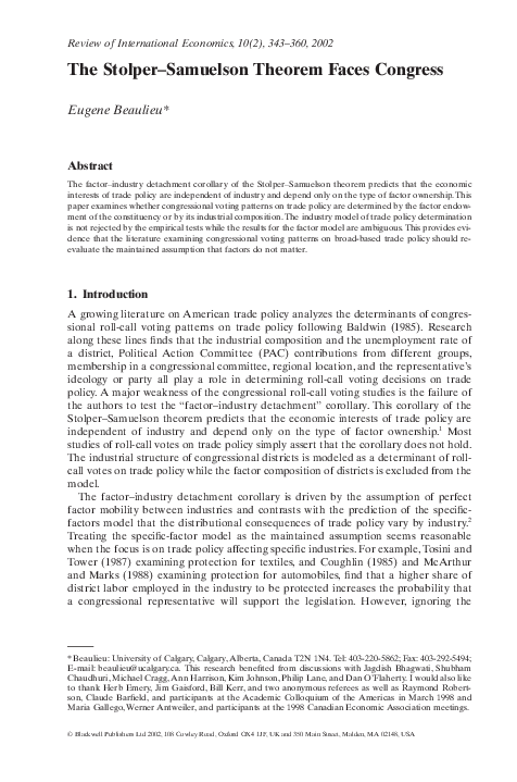 (PDF) The Stolper-Samuelson Theorem Faces Congress | Eugene Beaulieu - Academia.edu