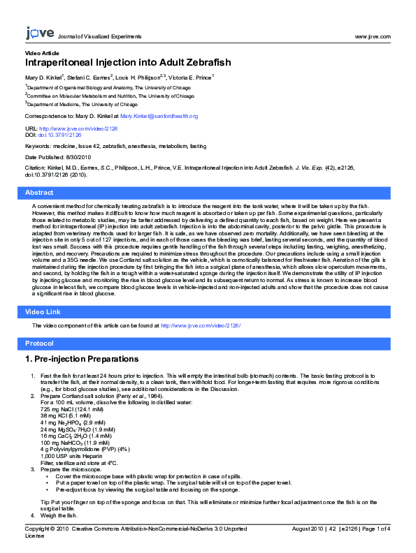 (PDF) Intraperitoneal Injection into Adult Zebrafish