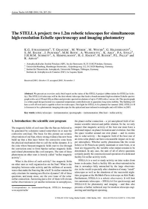 (PDF) The STELLA project: two 1.2m robotic telescopes for simultaneous ...