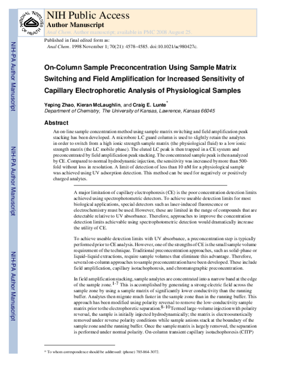 Pdf On Column Sample Preconcentration Using Sample Matrix Switching And Field Amplification