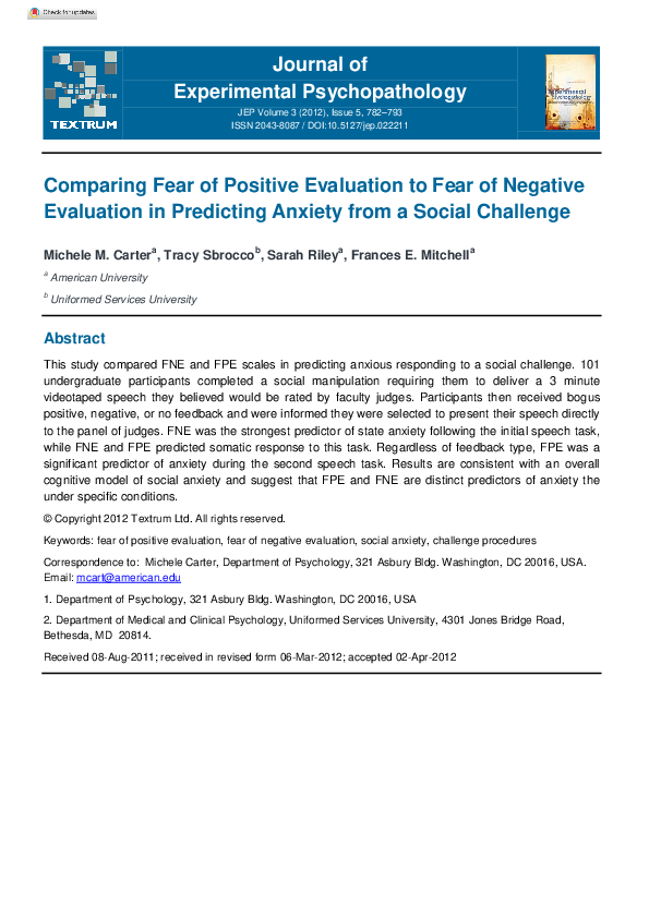 (PDF) Comparing Fear of Positive Evaluation to Fear of Negative ...