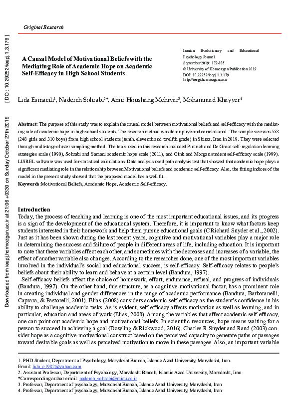 Pdf A Causal Model Of Motivational Beliefs With The Mediating Role Of Academic Hope On