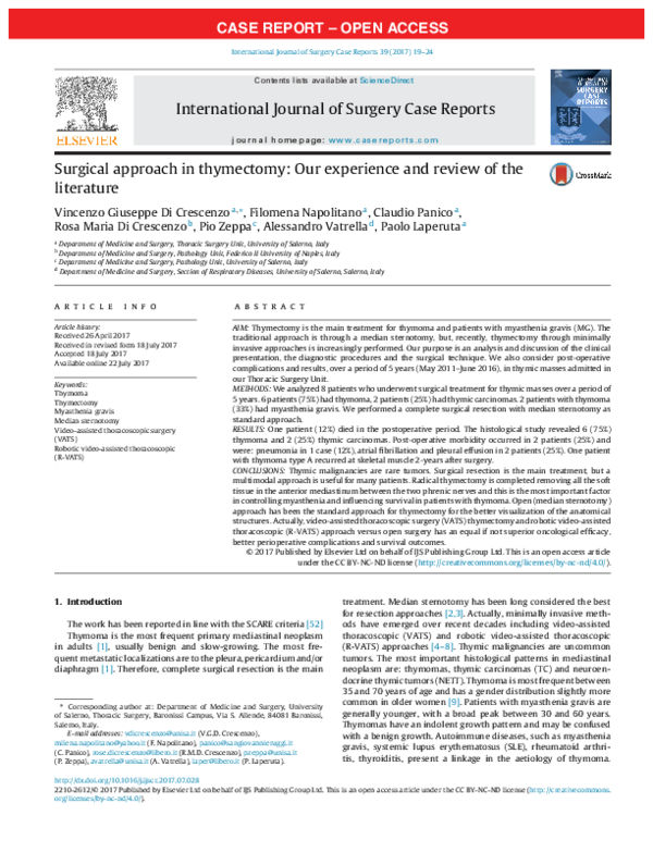 (PDF) Surgical approach in thymectomy: Our experience and review of the ...