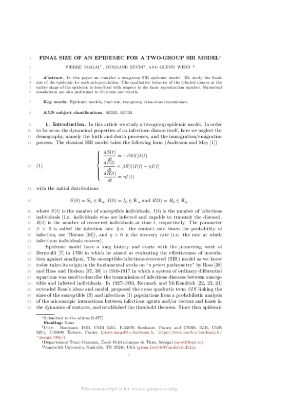 (PDF) Final Size of an Epidemic for a Two-Group SIR Model