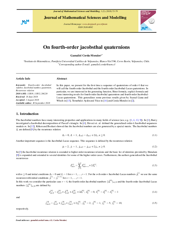 (PDF) On fourth-order jacobsthal quaternions