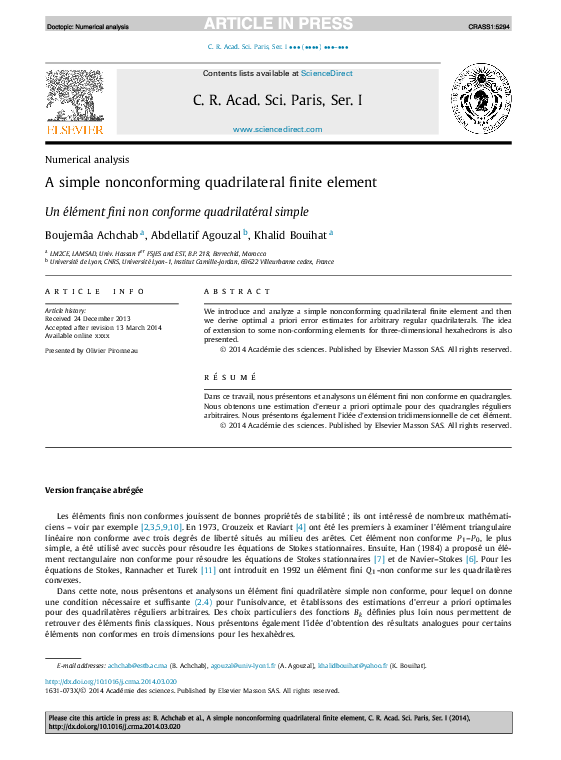 Pdf A Simple Nonconforming Quadrilateral Finite Element