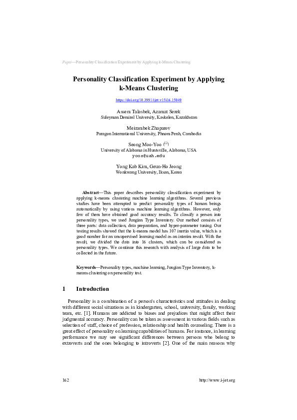 (PDF) Personality Classification Experiment by Applying k-Means Clustering