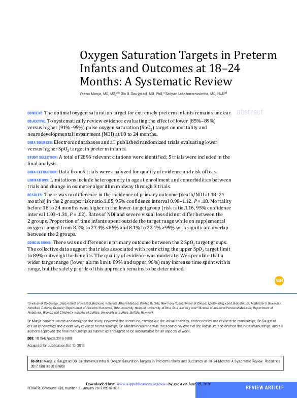 (PDF) Oxygen Saturation Targets in Preterm Infants and Outcomes at 18 ...