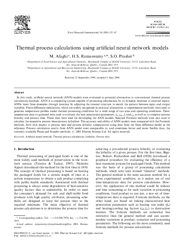 Pdf Thermal Process Calculations Using Artificial Neural Network Models
