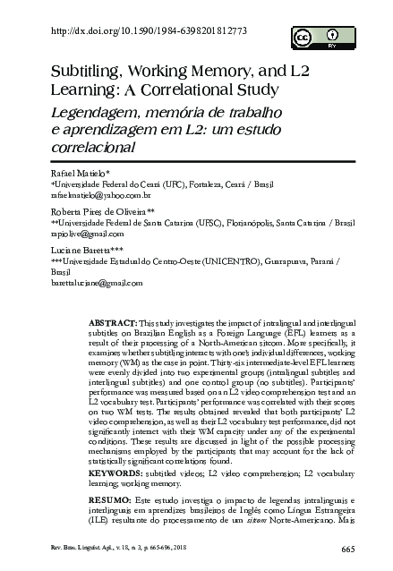 (PDF) Subtitling, Working Memory, and L2 Learning: A Correlational Study
