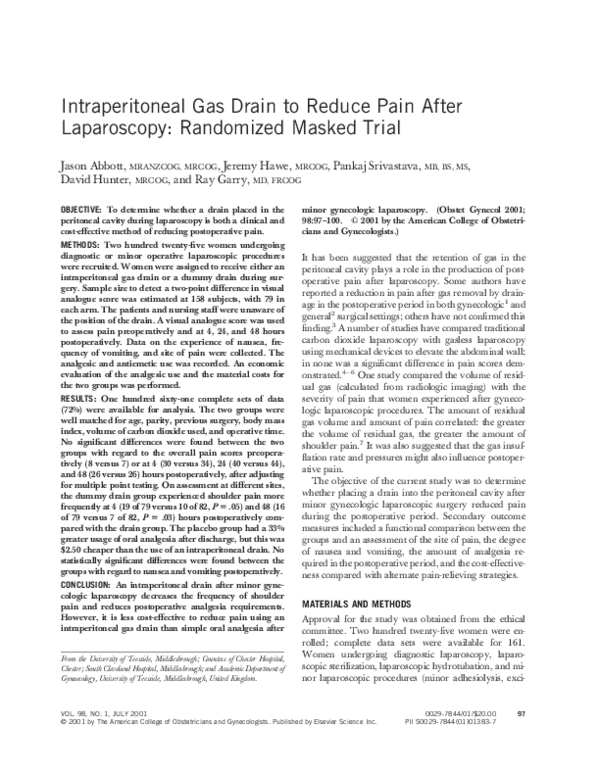 (PDF) Intraperitoneal gas drain to reduce pain after laparoscopy ...