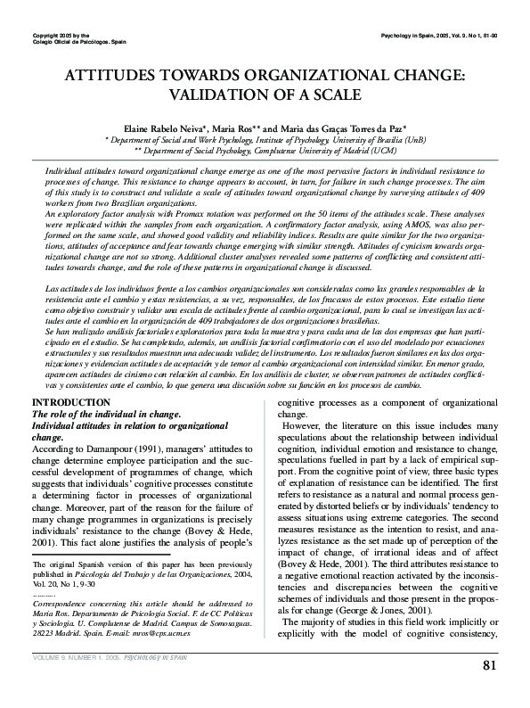 (PDF) Attitudes towards organizational change: Validation of a scale
