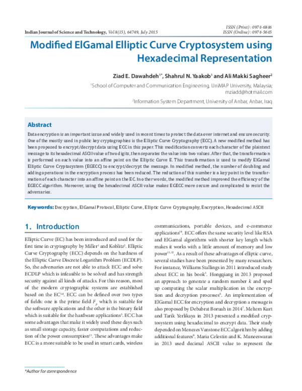 (PDF) Modified ElGamal Elliptic Curve Cryptosystem using Hexadecimal Representation
