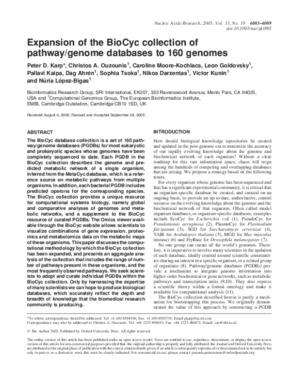 (PDF) Expansion of the BioCyc collection of pathway/genome databases to ...