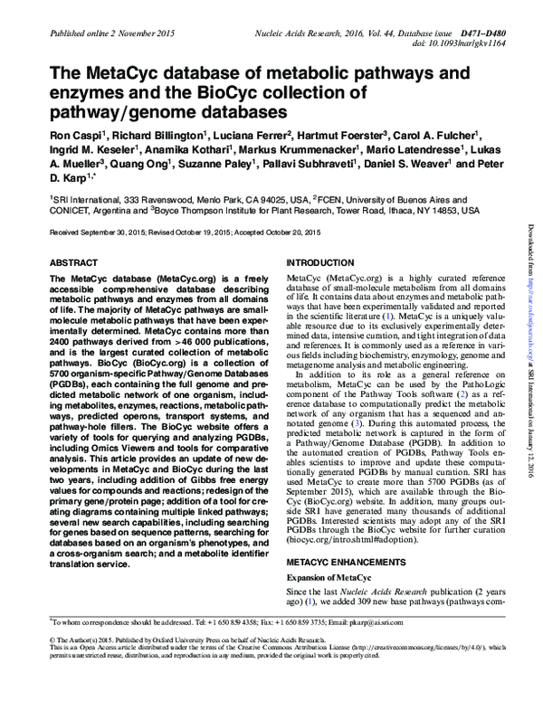 (PDF) The MetaCyc database of metabolic pathways and enzymes and the ...