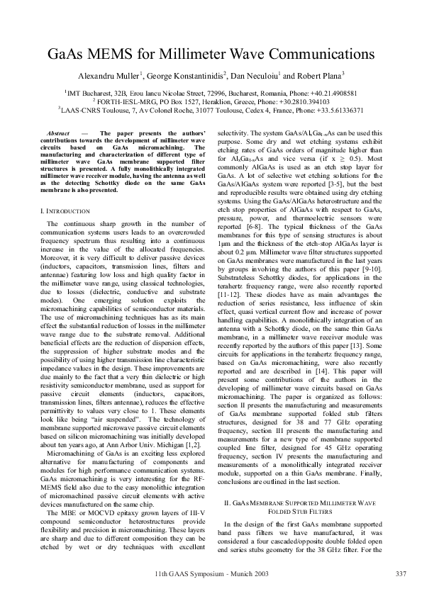 (PDF) GaAs MEMS for Millimeter Wave Communications