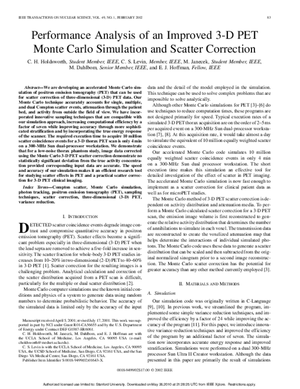 (PDF) Performance analysis of an improved 3-D PET Monte Carlo simulation and scatter correction