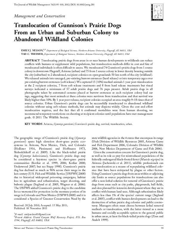 (PDF) Translocation of Gunnison's prairie dogs from an urban and ...