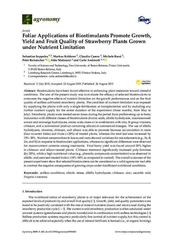 (PDF) Foliar Applications of Biostimulants Promote Growth, Yield and Fruit Quality of Strawberry ...