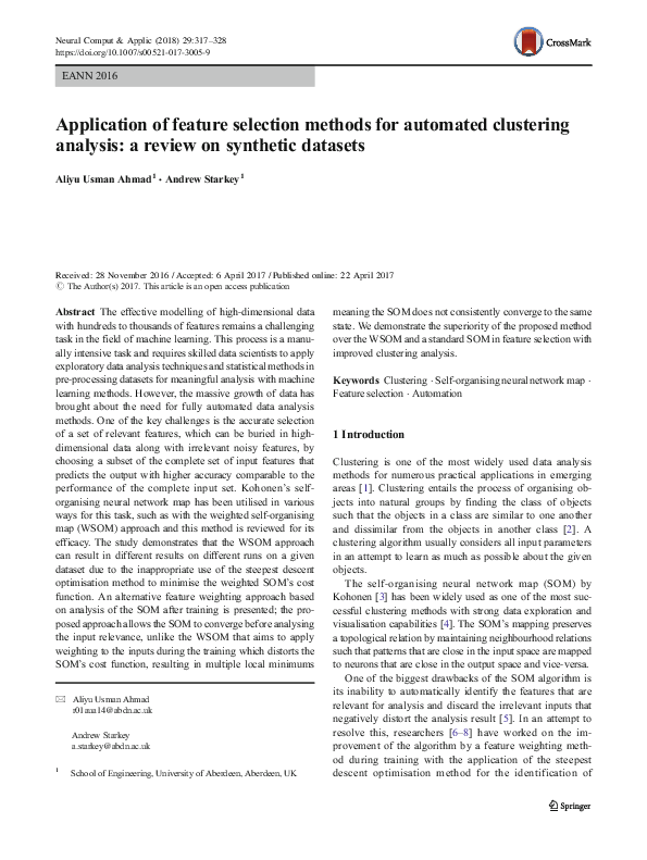 Pdf Application Of Feature Selection Methods For Automated Clustering Analysis A Review On