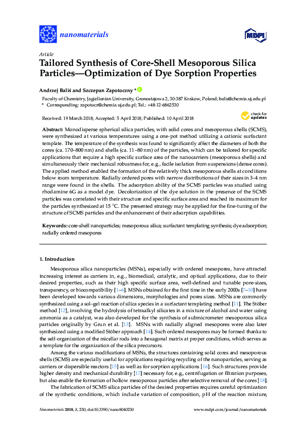 (PDF) Tailored Synthesis of Core-Shell Mesoporous Silica Particles—Optimization of Dye Sorption ...