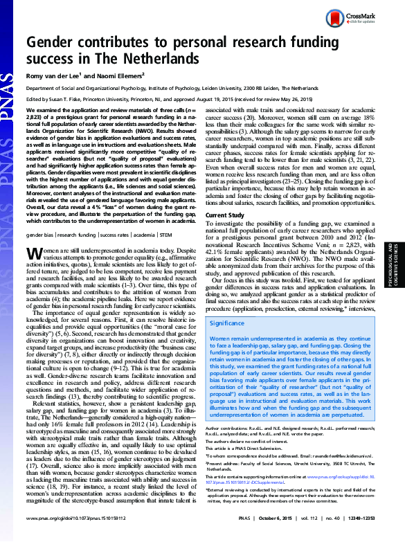 (PDF) Gender contributes to personal research funding success in The ...
