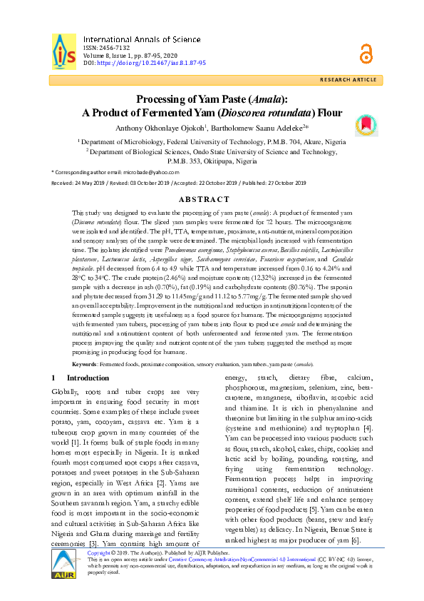 (PDF) Processing of Yam Paste (Amala): A Product of Fermented Yam ...