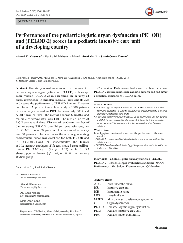 (PDF) Performance of the pediatric logistic organ dysfunction (PELOD ...