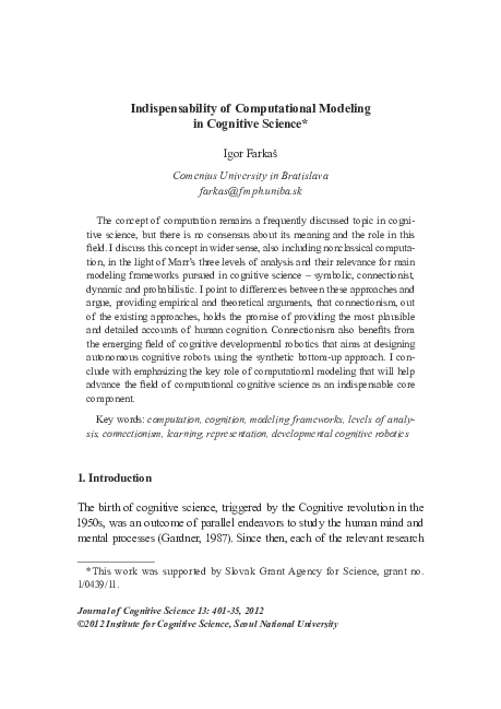 Pdf Indispensability Of Computational Modeling In Cognitive Science