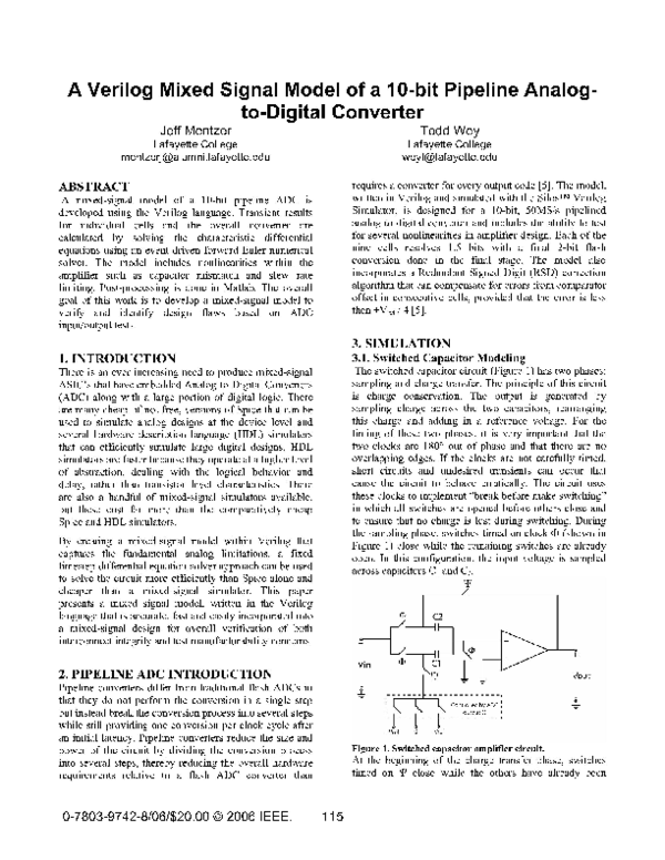 Pdf A Verilog Mixed Signal Model Of A 10 Bit Pipeline Analog To Digital Converter