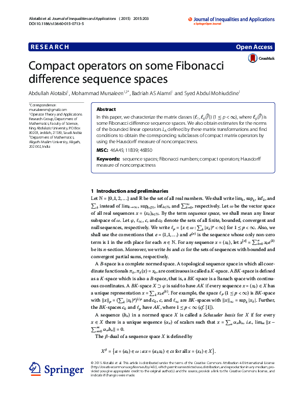 Pdf Compact Operators On Some Fibonacci Difference Sequence Spaces Badriah Alamri