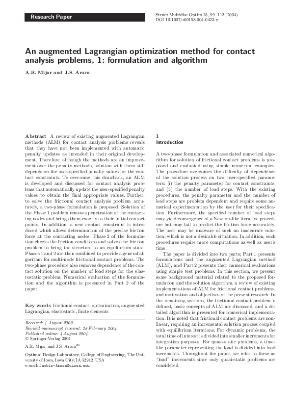 (PDF) An augmented Lagrangian optimization method for contact analysis ...