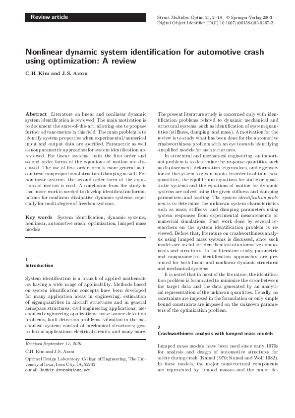 (PDF) Nonlinear dynamic system identification for automotive crash using optimization: A review