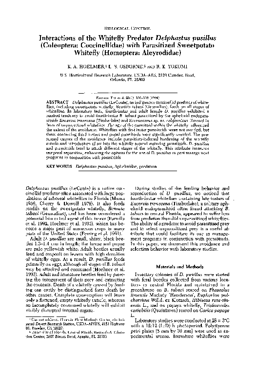 (PDF) Interactions of the Whitefly Predator Delphastus pusillus ...