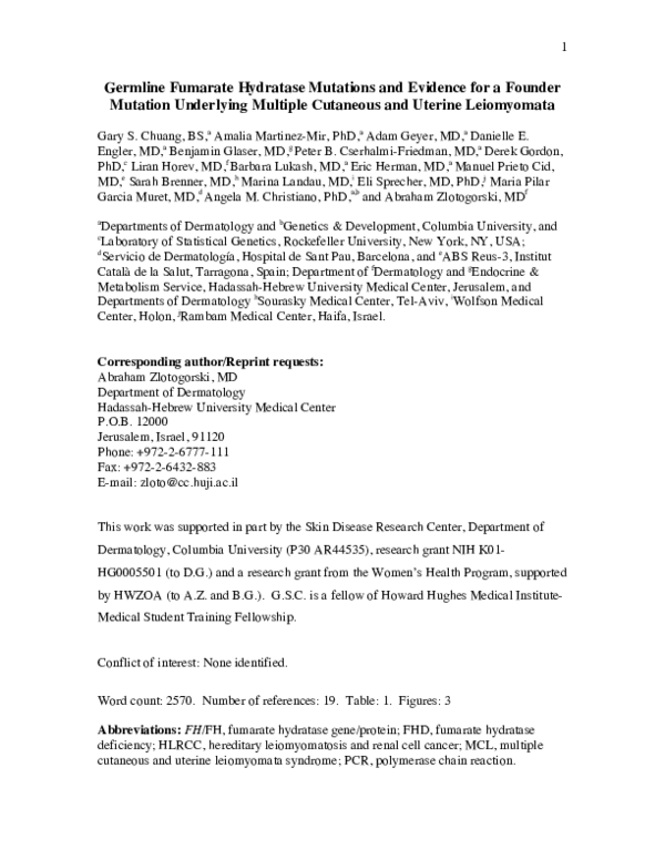 (PDF) Germline fumarate hydratase mutations and evidence for a founder ...