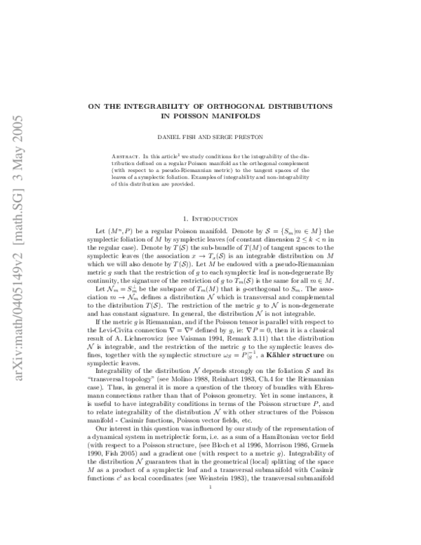 (PDF) On the Integrability of Orthogonal Distributions in Poisson Manifolds