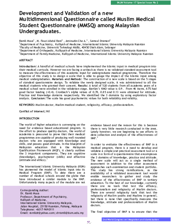 (PDF) Development and Validation of a new Multidimensional Questionnaire called Muslim Medical ...