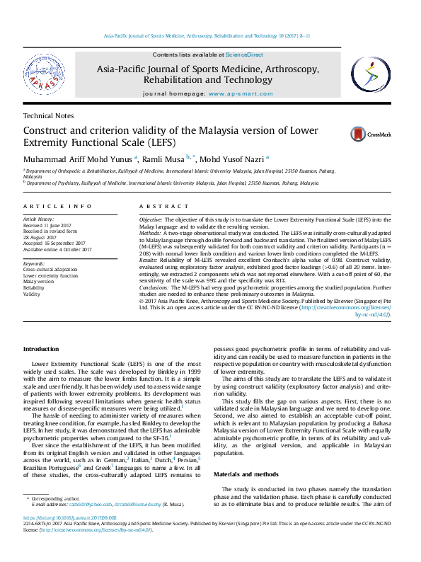 (PDF) Construct and criterion validity of the Malaysia version of Lower ...