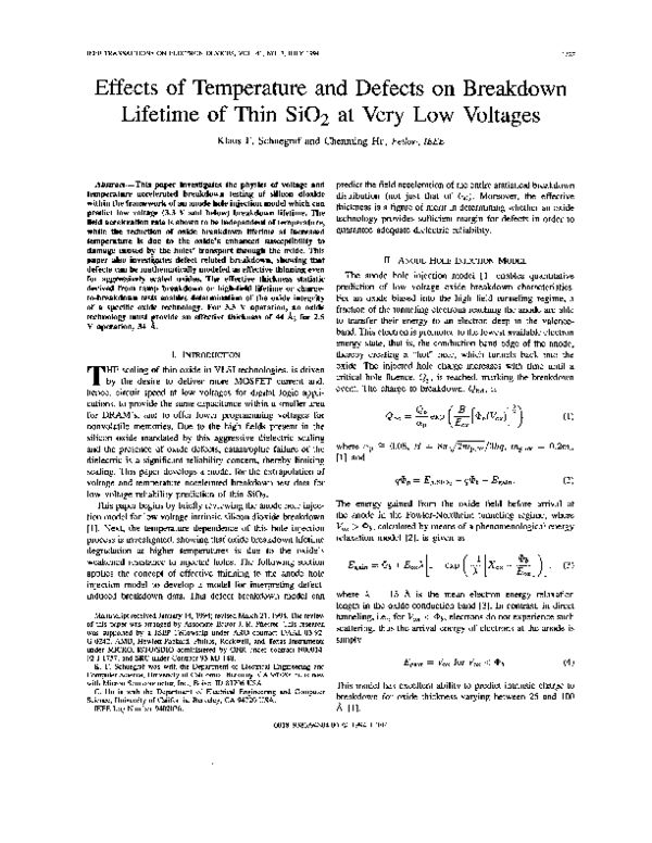 (PDF) Temperature and Defects in Low-Voltage SiO2 Breakdown