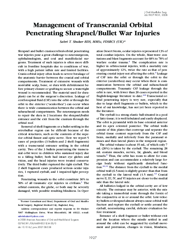 (PDF) Management of Transcranial Orbital Penetrating Shrapnel/Bullet ...