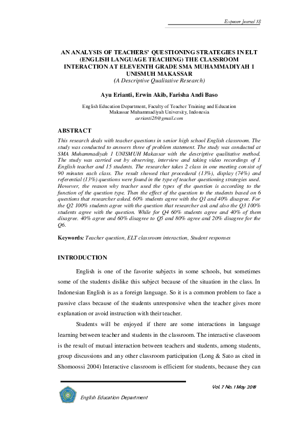 Pdf An Analysis Of Teachers Questioning Strategies In Elt English