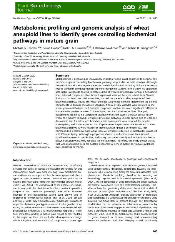(PDF) Metabolomic profiling and genomic analysis of wheat aneuploid lines to identify genes ...