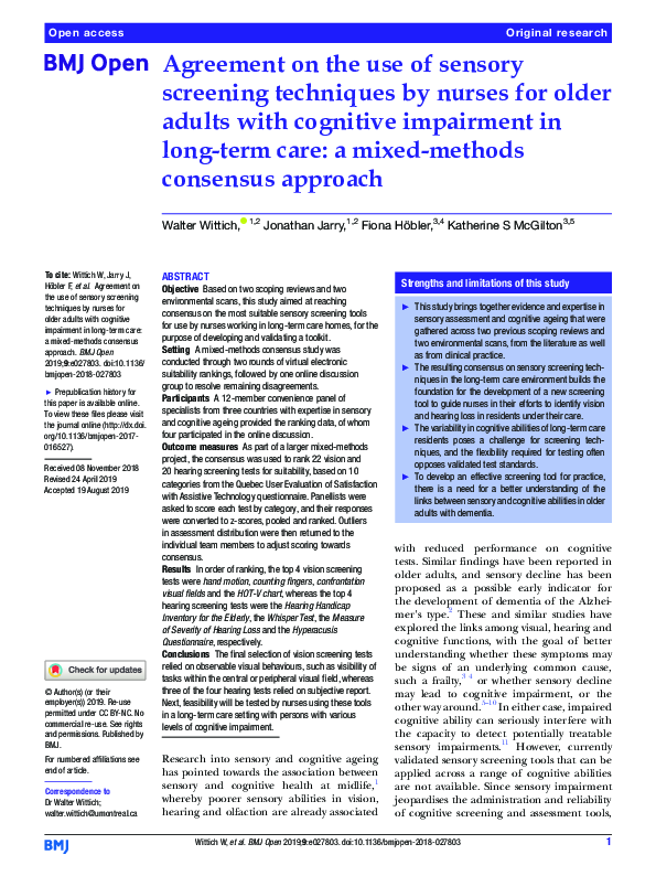 (PDF) Agreement on the use of sensory screening techniques by nurses ...