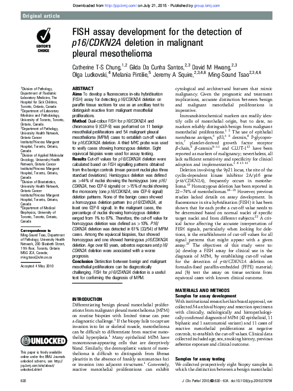 (PDF) FISH assay development for the detection of p16/CDKN2A deletion ...